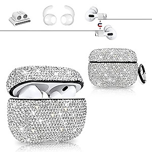 Newseego for AirPods Pro Case,Sparkly Rhinestone Luxurious AirPods Pro Cover Gift Kit Keychain+Anti-Lost Strap+Ear Hooks+Watch Band Holder Glitter PC Shockproof AirPod Pro Protective Cases-Silver