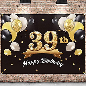 PAKBOOM Happy 39th Birthday Banner Backdrop - 39 Birthday Party Decorations Supplies for Men - Black Gold 4 x 6ft