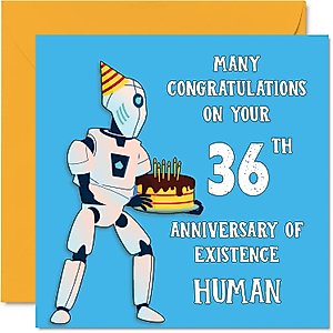 Funny 36th Birthday Cards for Men Woman - Robot Droid - Happy Birthday Card for Dad Mom Son Daughter Brother Sister Uncle Aunt Cousin, 5.7 x 5.7 Inch Joke Humor Greeting Cards
