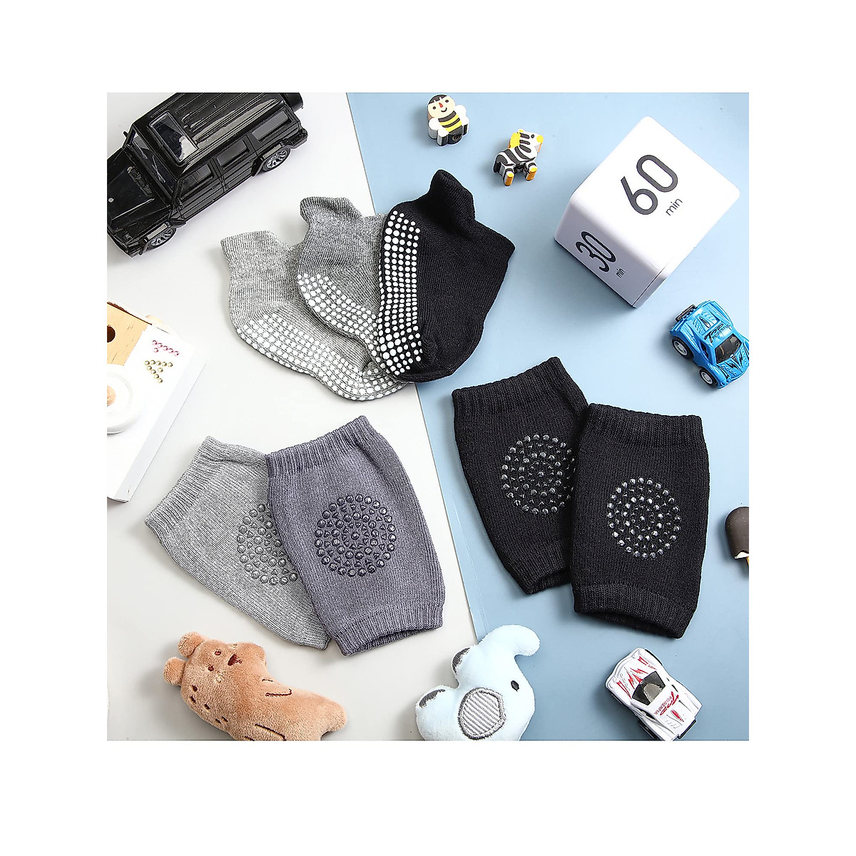 SATINIOR 6 Pairs Baby Knee Crawling Pads Anti-Slip Knee Protectors Toddler Infant Boys Girls Non-Slip Socks (Black, Dark Gray, Light Gray), One Size