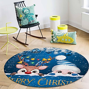 Santa Claus Area Rug Carpet for Kids Teen Girls Boys Bedroom, Living Room, Washable Outdoor Indoor Accent Throw Runner Floor Mat Area+Rug Christmas Elk Cartoon Pine Tree Leaves Blue 3FT(Round)