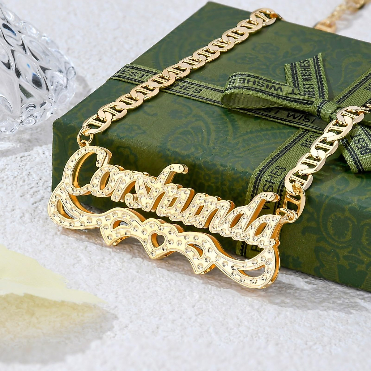 BAUMA AUTO Double Plated Name Necklace Personalized Custom Nameplate Pendant Necklace Personalized Name Jewelry for Women Men Birthday Gifts (Gold-7)