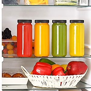 CUCUMI 4pcs 16oz Glass Juice Bottles with Lids, Reusable Juice Containers Drinking Jars Water Cups with Brush, Glass Straws, Lids with Hole