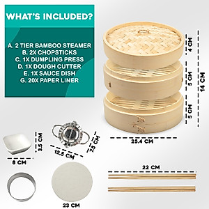 Dumpling Bamboo Steamer for Cooking with a Lid 10 Inch 2 | Tier Wooden Basket with 2 Pair of Chopsticks | Bun Steamer Basket | 1 Dumpling Maker, Sauce Dishes, and 20 Liners | Food Steamer basket