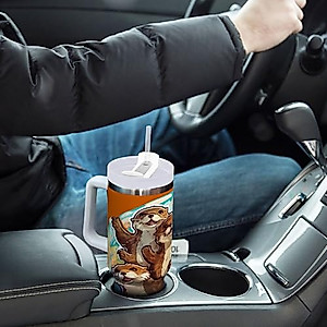 Exnundod 40 oz Tumbler with Handle Cartoon Sea Otters Insulated Stainless Steel Cup with Lid and Straw Travel Cup Leak-proof Fits in Car Cup Holder for Iced & Hot