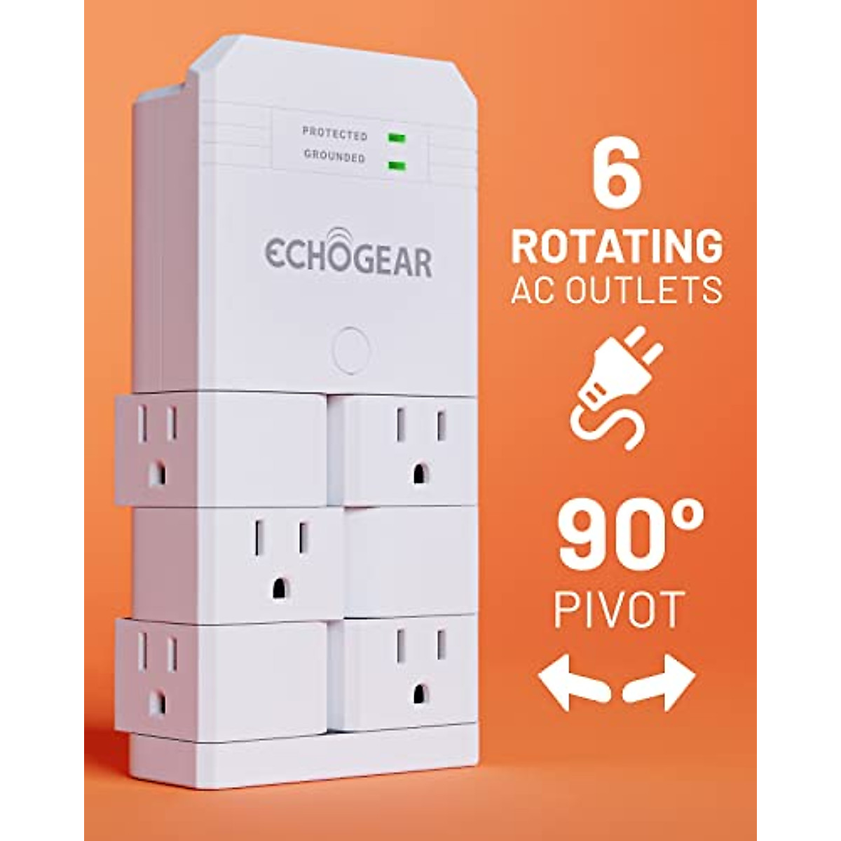 ECHOGEAR On-Wall Surge Protector with 6 Pivoting AC Outlets & 1080 Joules of Surge Protection - Low Profile Design Installs Over Existing Outlets to Protect Your Gear (White)