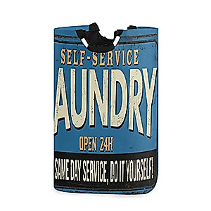 Vintage Laundry Room Laundry Basket Open 24 Hours Foldable Laundry Hamper with Handles Waterproof Durable Clothes Bucket Washing Bin Dirty Baskets Toy Storage for Home College Dorm Bathroom 50L