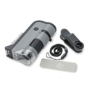 Carson MicroFlip 100x-250x LED and UV Lighted Pocket Microscope with Flip Down Slide Base and Adapter with CarsonCam Phone App - Set of 4 (MP-250MU)