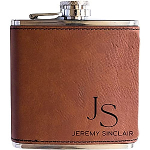 Personalized Flask For Wedding Gift. Customized Flask Gift Set. Engraved Leatherette Flask With Optional Gift Box For Groomsmen Gifts. Engraved Flask (Rawhide)