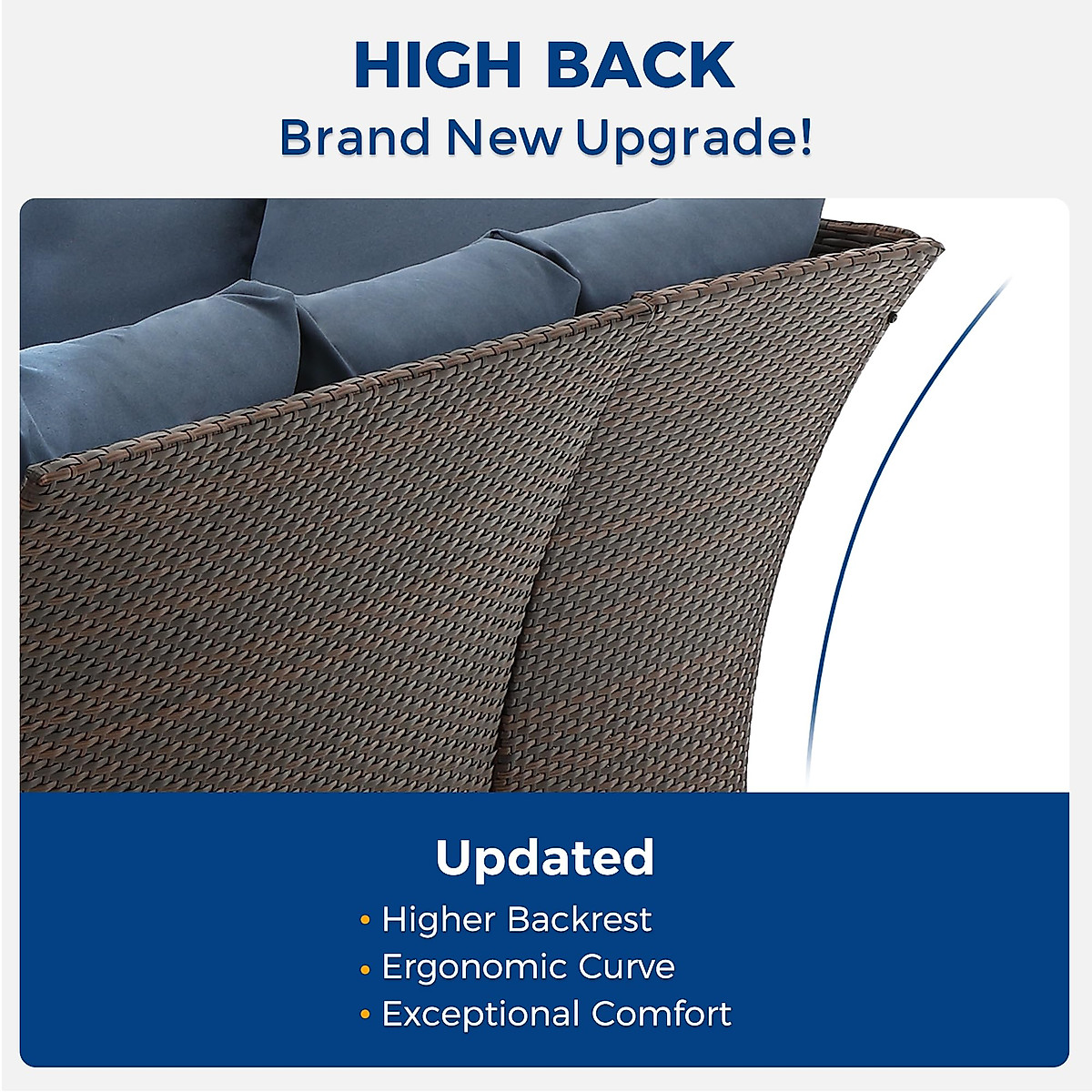 Wisteria Lane Patio Furniture Set, 7 Piece High Curved Back Outdoor Dining Sectional Sofa with Dining Table and Chair, All Weather Wicker Conversation Set with Ottoman, Blue