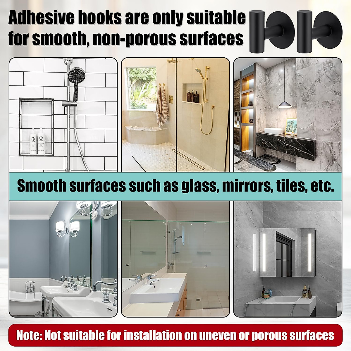 NQEUEPN 2pcs Shower Hooks, Stainless Steel Adhesive Towel Hooks Punch-Free Adhesive Hook Heavy Duty Waterproof Towel Holder Hooks for Shower Bathroom Kitchen Tiles Glass Door (Black)