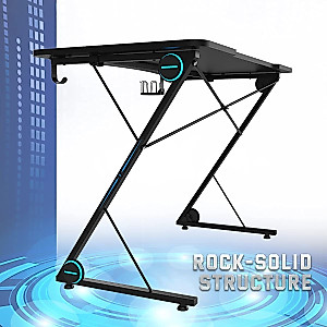 JOY worker Gaming Desk with LED Lights, 43 Inch Z-Shaped Gaming Computer Desk, Carbon Fiber Surface Home Office Game Table with Handle Rack, Cup Holder and Headphone Hook, Black