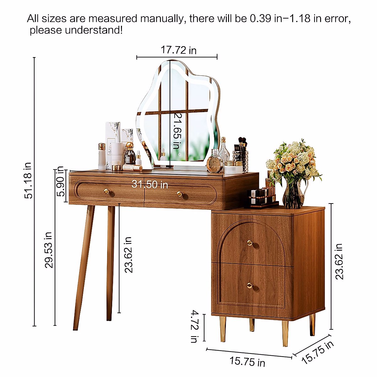 Chrangmay Stylish Corner Vanity Desk with Mirror and Lights,Small Makeup Vanity with 4 Drawers,Modern Makeup Table with Adjustable Cabinet for Bedroom,Makeup Room,Writing Desk,Brown