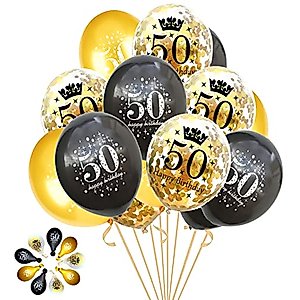 Jonhamwelbor 50th Birthday Balloons Gold and Black Party Decorations 15 Pack 12 inch Latex and Confetti Balloon Printed with Happy Birthday 50 for Women Men