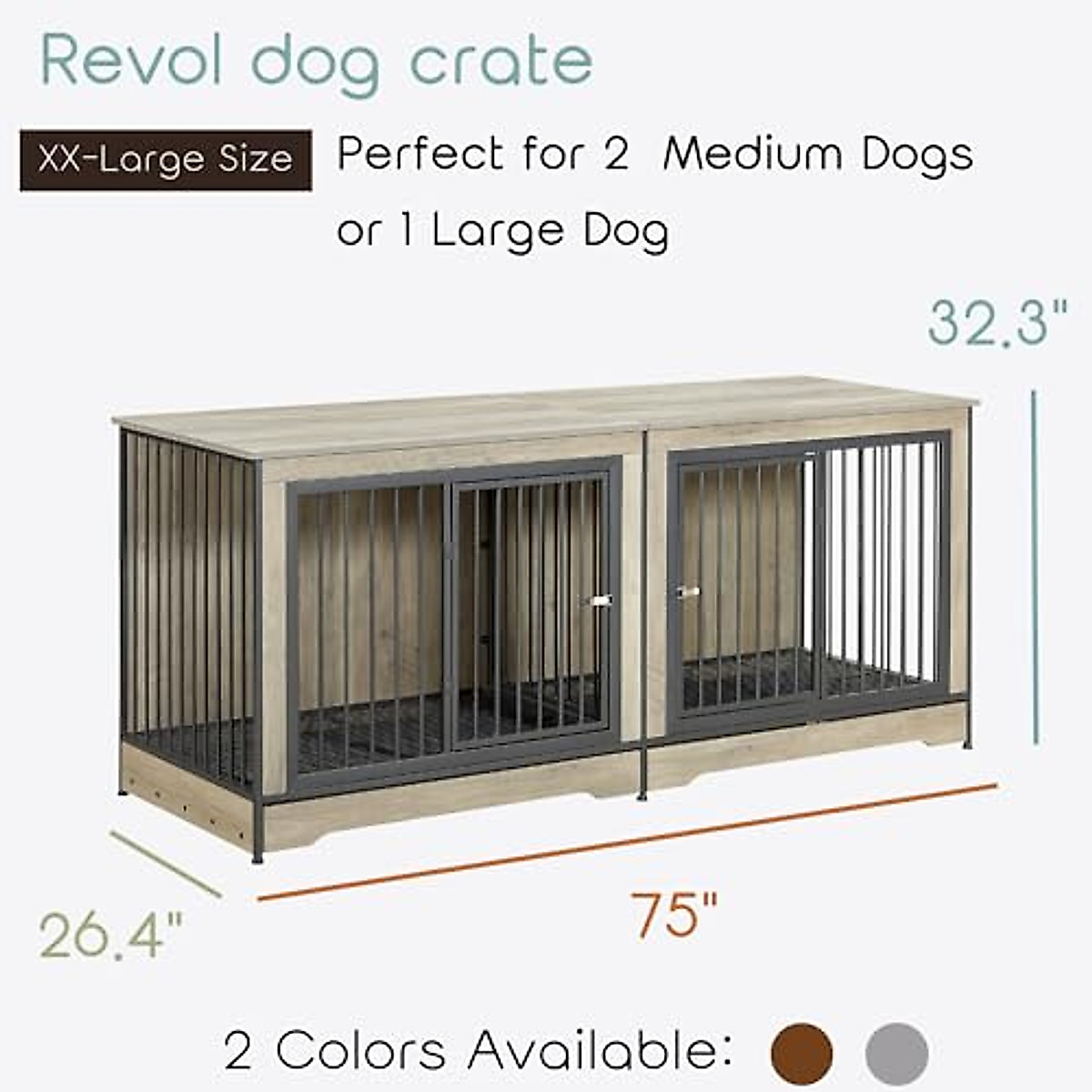 DOSSMBOLA 75'' Large Dog Crate Furniture for Large Dog or 2 Medium Dogs, Wooden Dog Kennel Dog Crate with Pull Out Tray and Removable Divider, TV Stand XXL Dog Cage - Gray