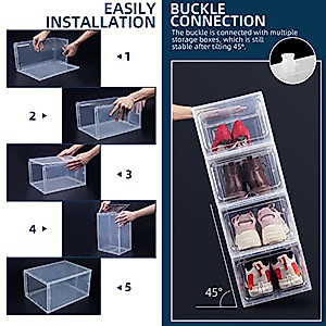 Galifode Clear Plastic Shoe Storage Boxes, Stackable Shoe Organizer Bins for Closet, Entryway, Large Shoe Container, Sneakers Toys Display Cases, 13.8 x 9.8 x 7 Inches