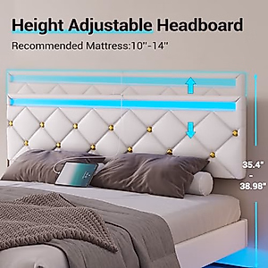 DICTAC Floating King Bed Frame with LED Lights and USB Ports Modern Upholstered Platform LED Bed Frame King Size with Headboard Faux Leather Low Profile Floating Bed Frame, No Box Spring Needed,White