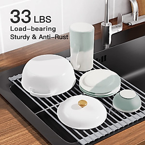 FURNINXS Roll Up Dish Drying Rack Over The Sink, Silicone Stainless Steel Foldable Dish Drying Rack for Kitchen Counter(17" x 13")