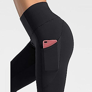 KNITI Black Thick High Waist Yoga Pants with Pockets - Tummy Control Workout Running Yoga Leggings for Women (as1, Alpha, l, Regular, Regular, Black)