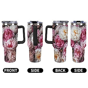 STVNKML 40 Oz Tumbler with Handle Peach And White Peonies Stainless Steel Coffee Mug Reusable Travel Mug Leak-proof Insulated Car Cup Large Capacity Tumbler for Travel, Outdoor, Home Use (Black)