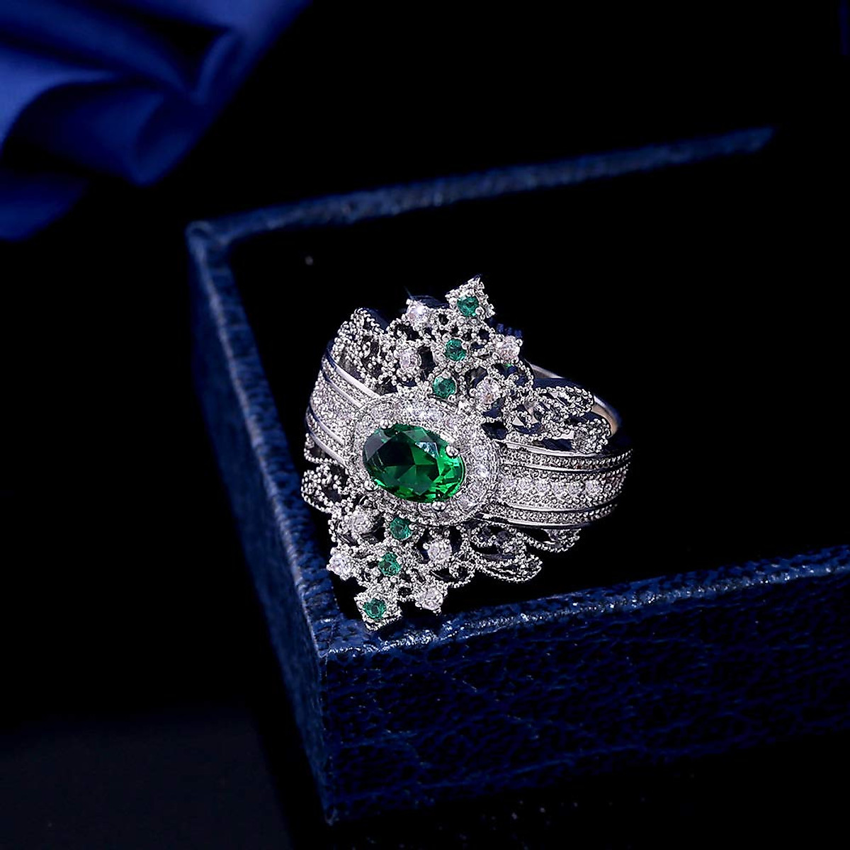 SCHZBSP 18K white gold plated royal noble emerald ring cubic zirconia ring vintage style crystal diamond ring 925 sterling silver ladies engagement wedding ring set (6)