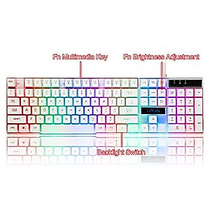 LED Backlit Wired Keyboard and Mouse Gaming Combo Mechanical Feeling Rainbow Backlight Emitting Character 3200DPI Adjustable USB Mice Compatible with PC Raspberry Pi iMac TDW910(White)