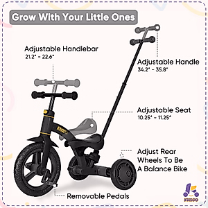 KRIDDO 3-in-1 Kids Tricycles for 2-3 Year Old, 12 Inch Front Wheel Trike and Toddler Balance Bike Bicycle for Boys Girls 2 Years to 4 Years, Removable Pedals for Push and Ride Fun, Black