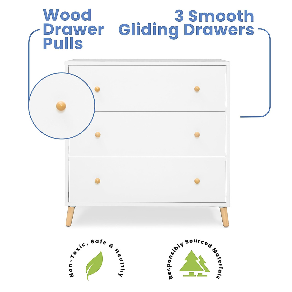 Delta Children Essex 3 Drawer Dresser with Interlocking Drawers, Bianca White/Natural