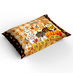 Custom Bed USA Thanksgiving Gnomes Duvet Cover Set, 4 Pieces Bedding Set with Comforter Cover, A Pair of Pillowcases and Fitted Sheet for Bedroom Decor Queen Size, Pumpkin Sunflower Fallen Leaves