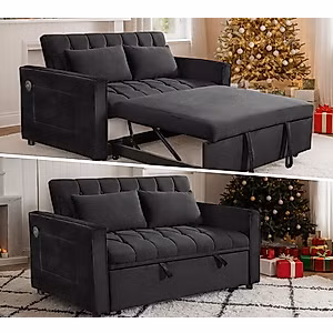 ZKJOLMN 3 in 1 Convertible Pull Out Couch Bed, Velvet Sleeper Sofa Couch with Pull Out Bed, Loveseat Sleeper with Adjustable Backrest, Pull Out Sofa Bed Sleeper for Living Room (Black)