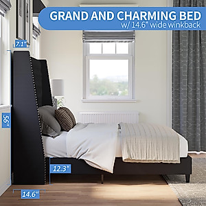 AMERLIFE King Size Nail Button Tufted Wingback Bed Frame, Linen Upholstered Platform Bed with 56" High Wingback Headboard, No Box Spring Needed, Black