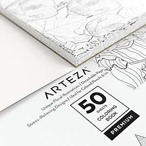 ARTEZA Adult Coloring Book, Floral Designs, 9x9 Inches, Stress-Relieving Coloring Pages with 50 One-Sided Images, 100 lb Paper