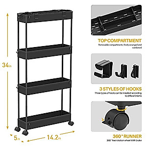 SPACELEAD Slim Storage Cart 4 Tier, Storage Organizer Rolling Utility/ Mobile Shelving Unit Slide Out Storage Cart for Office, Bathroom, Kitchen, Laundry Room & Narrow Places， Black