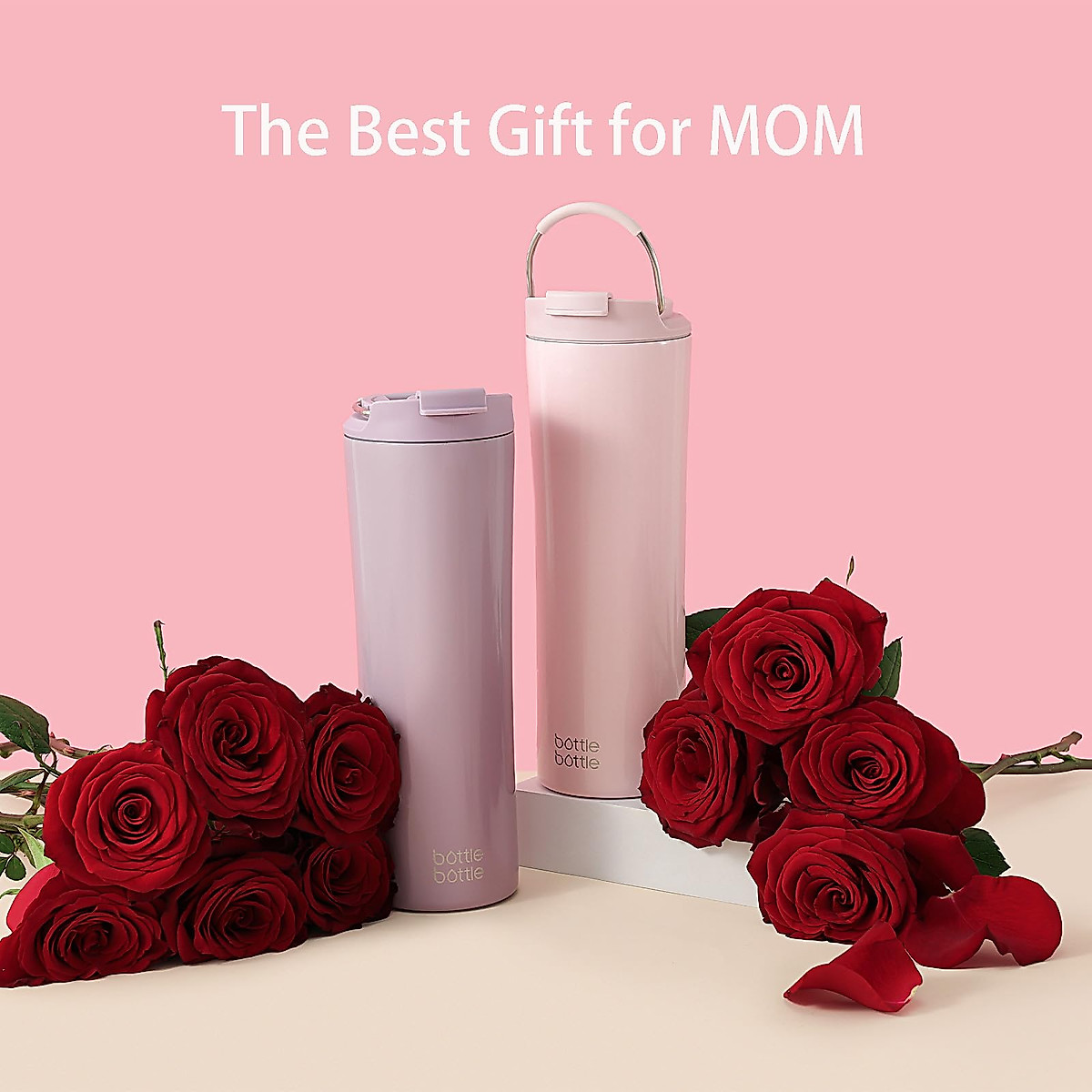 BOTTLE BOTTLE Insulated Water Bottle Coffee Tumblers with Dual-use Lid and Straw Double Walled Iced Travel Coffee Mug for Woman and Man 24oz Stainless Steel Tumbler with Handle（Light Purple）