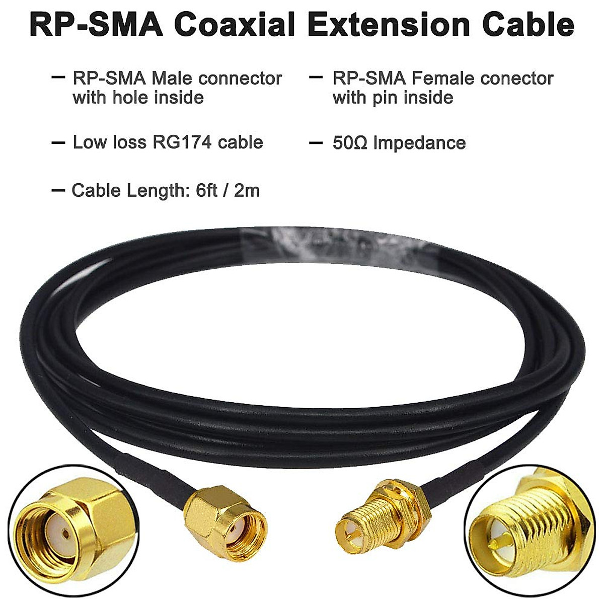 Nisaea 2m/6.5ft RP-SMA Male to RP-SMA Female RF Coaxial Cable RG174 for Wireless LAN Card, Router, Bridge, Booster & External Antenna Equipment