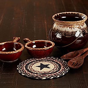 VHC Brands Colonial Star Trivet Hot Pad for Pots Pans, Tan Black Red, Jute Blend, Round Circle, 8 Inches