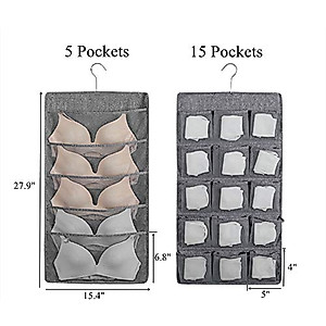 Dual Sided Hanging Underwear Sock Bra Stocking Organizer with 5+15 Mesh Pockets, 3D Pockets Design Durable Space Saver Bag Wall Shelf Wardrobe Storage Bags Holders (Grey)
