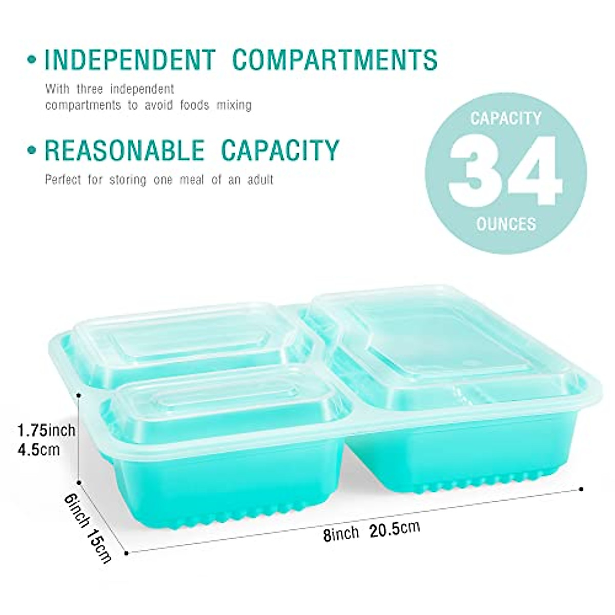 Glotoch Meal Prep Container Reusable, 34 oz 3 Compartment To Go Plastic Food Prep Containers,Disposable Divided Food Storage Containers with Lids for Leftover,BPA Free,Microwave Safe,Green 8 Pack