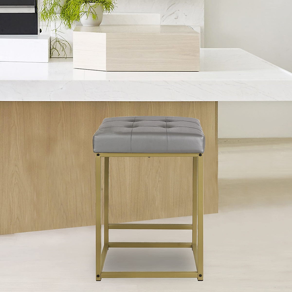 GIA 24-Inch Counter Height Square Metal Stool with Footrest and Tufted Gray Vegan Leather Upholstery, Gold Frame, Qty of 1