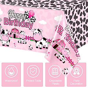 Tiamon 3 Pieces Cow Birthday Party Tablecloth Decorations Plastic Farm Animal Table Cover Pink Cow Print Table Cloths for Farmhouse Girls Happy Birthday Baby Shower Party Supplies, 108 x 54 Inches