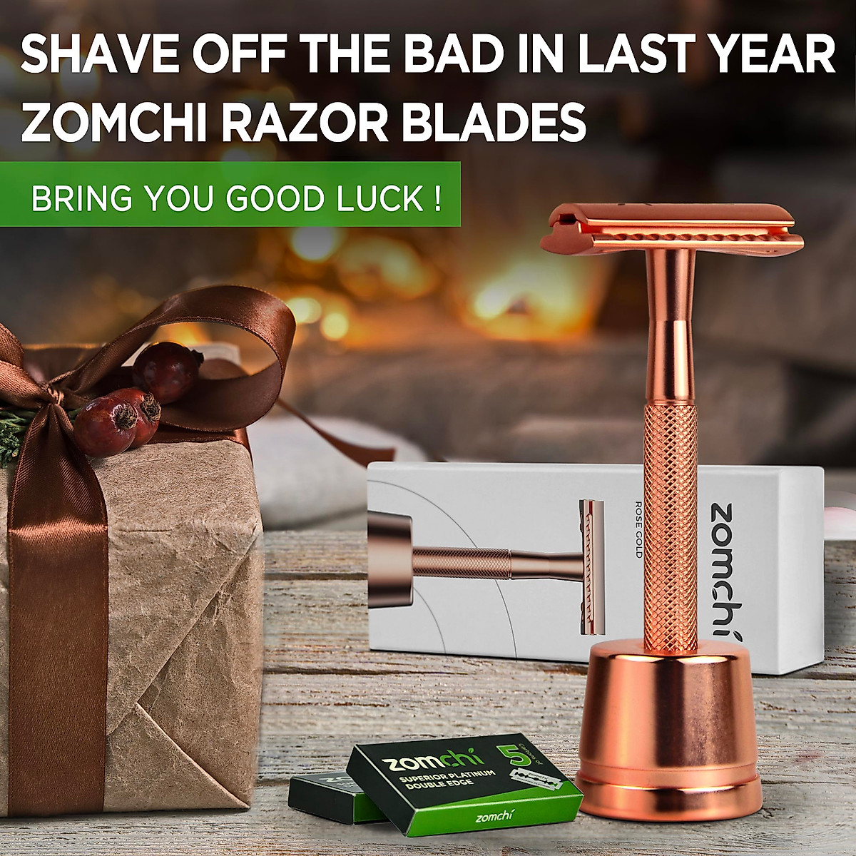 Safety Razor for Women, Men's Single Blade Razor with a Razor Stand with 10 Blades, Double Edge Razor with a Texture Handle, Metal Razor Women, Fits All Double Edge Razor Blades (Rose Gold)