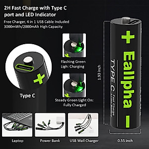 Eallpha Rechargeable AA Batteries 3000mWh,2Hours Fast Charge AA Rechargeable Lithium Batteries, USB C Rechargeable AA Batteries, 1200+ Cycles 1.5V Lithium AA Batteries for Toy Cars Toothbrush（4 Packs