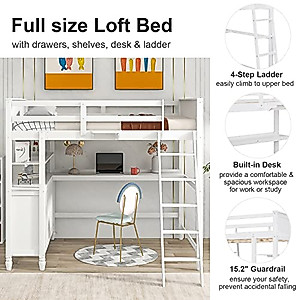 Merax Multi-Functional Full Loft Bed with Built-in Desk/6 Storage Drawers/Shelf, Full Size Wooden Loft Bed with Ladder and Guardrails, No Box Spring Required Wood Bed Frame, White
