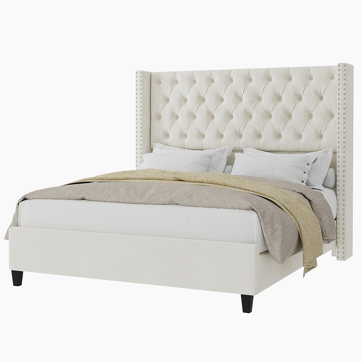 Jocisland Queen Size Bed Frame Velvet Upholstered Platform Bed with 51.6" Tall Wingback Headboard Deep Button Tufted, No Box Spring Needed, Cream