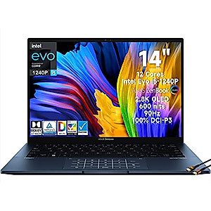 ASUS Zenbook 14" 2.8K OLED Laptop 12 Cores 12th Gen Intel Evo i5-1240P 600 nits 90Hz 100% DCI-P3, 18 hrs Battery Life, Thunderbolt 4, WiFi 6E w/HDMI Cable(8GB RAM | 256GB PCIe SSD)