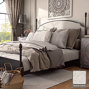 Furniture of America Eleanor Modern Curved Metal Poster Bed King Size with Boucle Fabric Headboard and Panel Style Footboard, Box Spring Required, Gunmetal Black