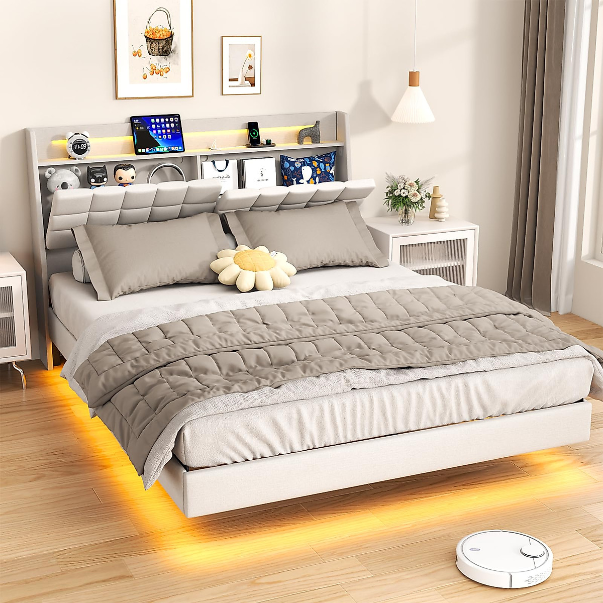 Zevemomo Floating Queen Bed Frame with Storage, Upholstered Platform Bed Frame Queen with LED Lights, Floating Bed Frame with Headboard, Charging Station with USB Ports, Noiseless, White