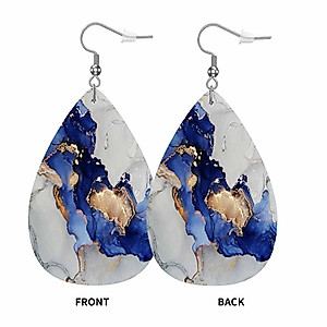 Blue and Gold Marble Earrings for Women Liquid Alcohol Ink Fluid Teardrop Dangle Faux Leather Earrings Holiday Earrings for