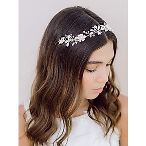 SWEETV Sliver Flower-Leaf Bridal Headpieces for Wedding Headband Bride Hair Pieces Crystal Flower Girl Hair Accessories