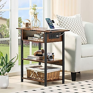 Lerliuo Side Table with Charging Station，Narrow End Table with USB Ports and Outlets,Brown Skinny Nightstand with Open Storage Shelf for Small Space，Slim Sofa Bedside Table for Living Room Bedroom